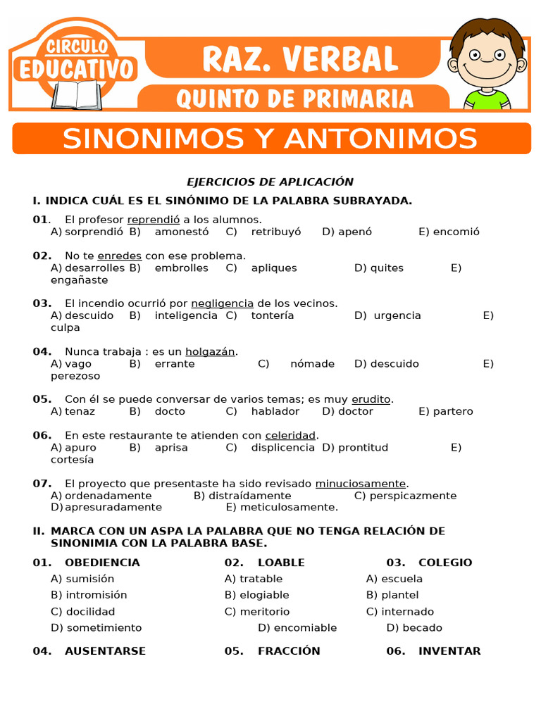 Actividades de Sinónimos y Antónimos | PDF