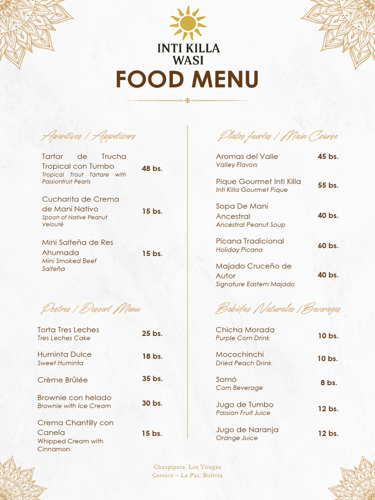 Inti Killa Wasi Menu PDF | PDF | Productos ganaderos | Lechería