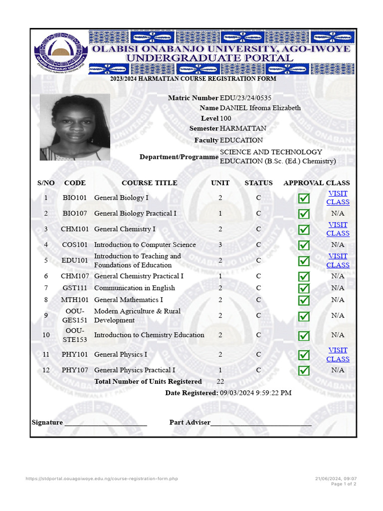 Harmattan 2023-2024 Course Registration Form | PDF | Science