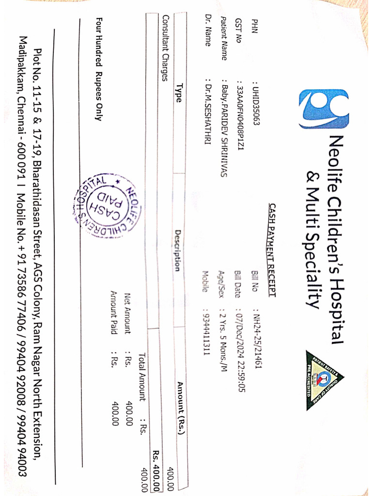 PariDevShrinivas Consultation Charge Bill | PDF