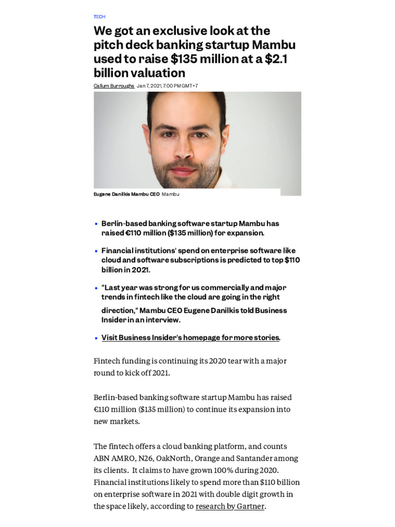 Banking Startup Mambu Raises at $2.1 Billion Valuation | PDF | Private Sector | Investing
