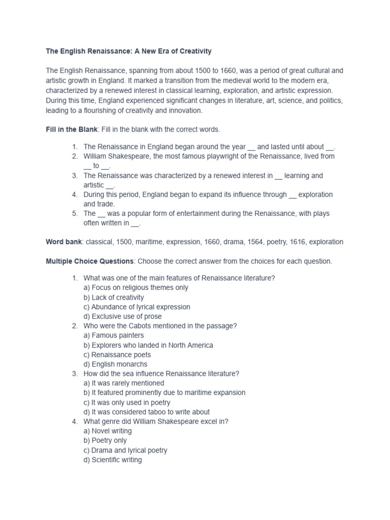WORKSHEET 2.2: The English Renaissance: A New Era of Creativity | PDF ...