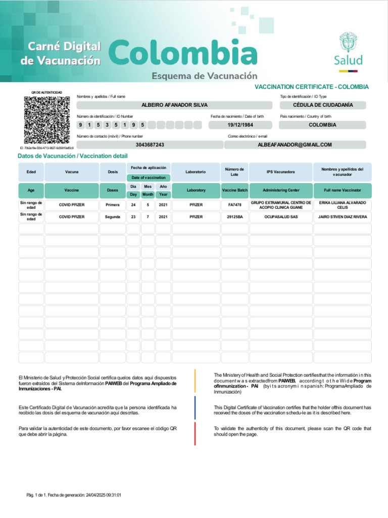 Vaccination Certificate - Colombia: Albeiro Afanador Silva Cédula de Ciudadanía | PDF | Medicina ...