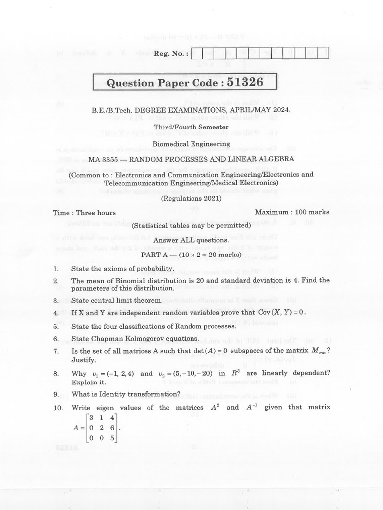 Random Process and Linear Algebra - MA3355 2021 Regulation - Semester ...