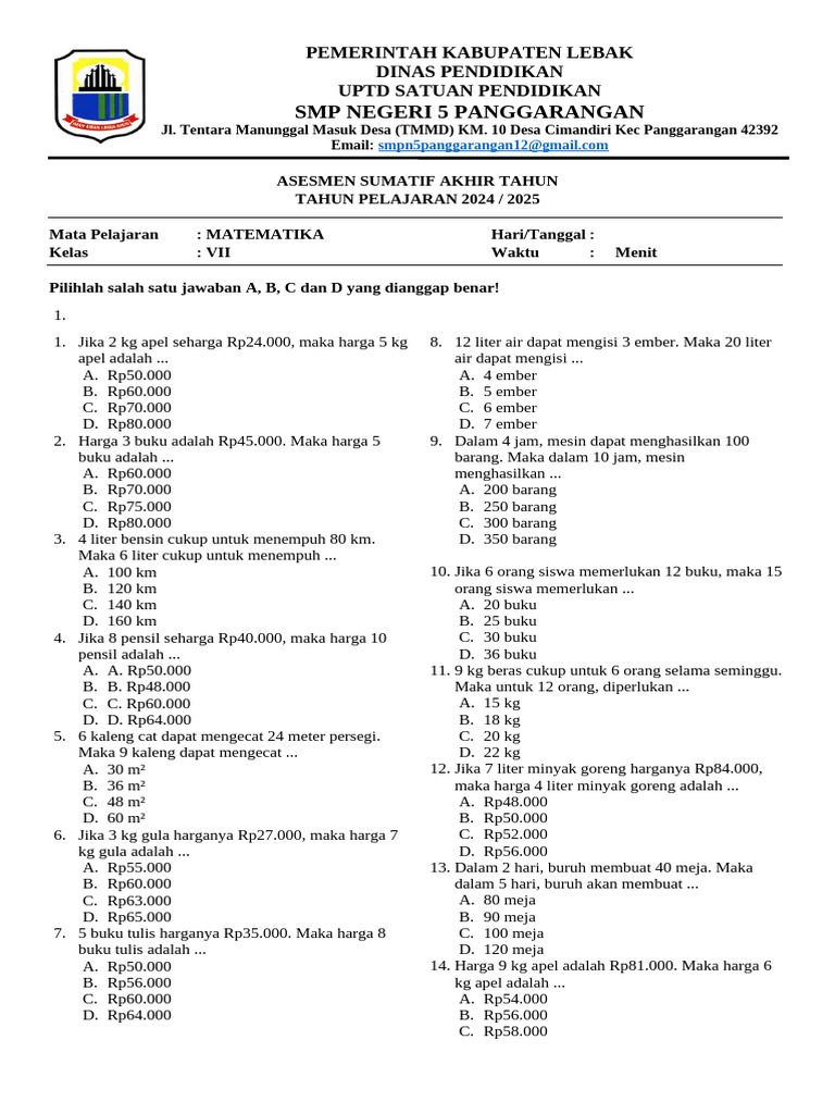 Soal Asat MTK 7 2024-2025 | PDF