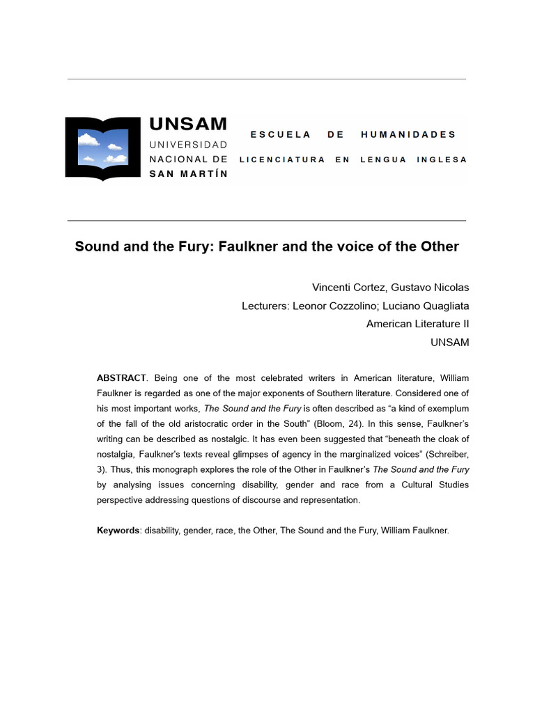 Sound and The Fury - Faulkner and The Voice of The Other (Monograph For ...