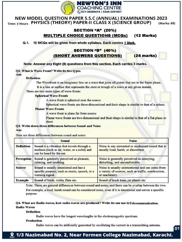 X Physics Solved Model Paper 2023 (Karachi Board) | PDF