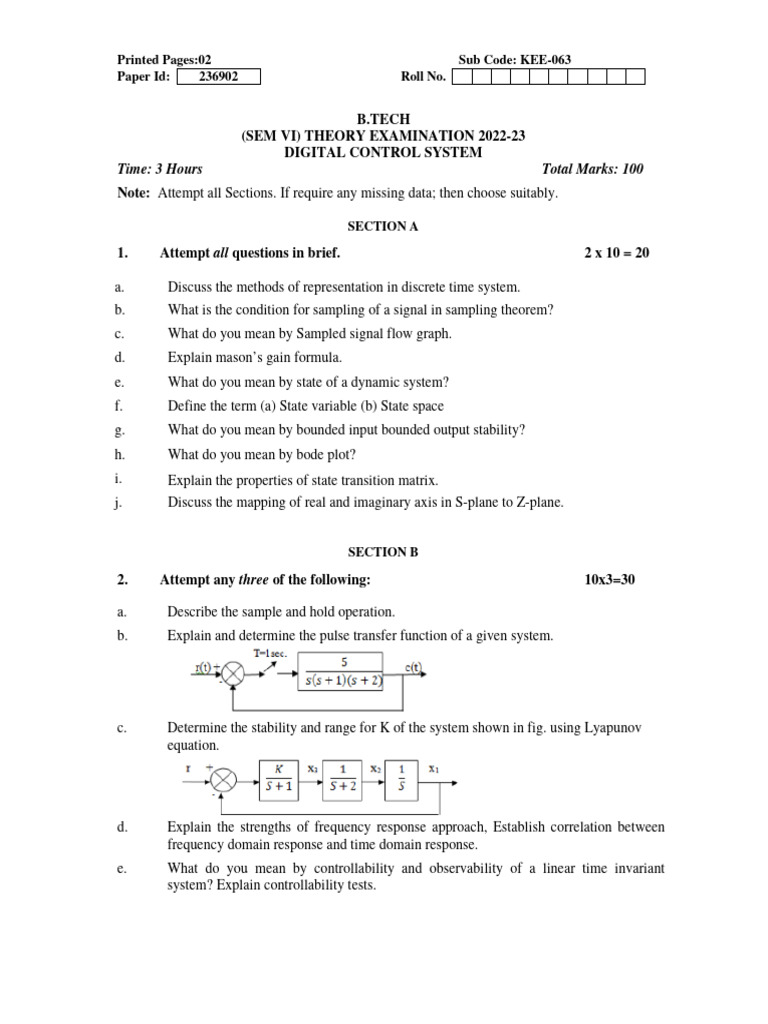 Btech Ee 6 Sem Digital Control System Kee 063 2023 | PDF | Stability Theory | Mechanics