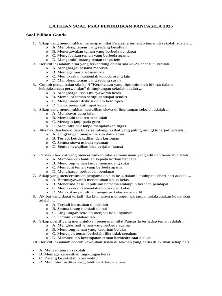 Latihan Soal PSAJ Pendidikan Pancasila | PDF