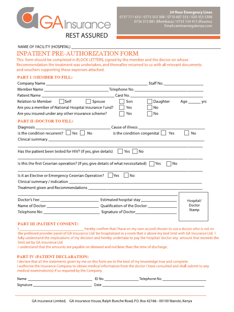 GA Claim Form - Inpatient Pre-Authorization Form | PDF