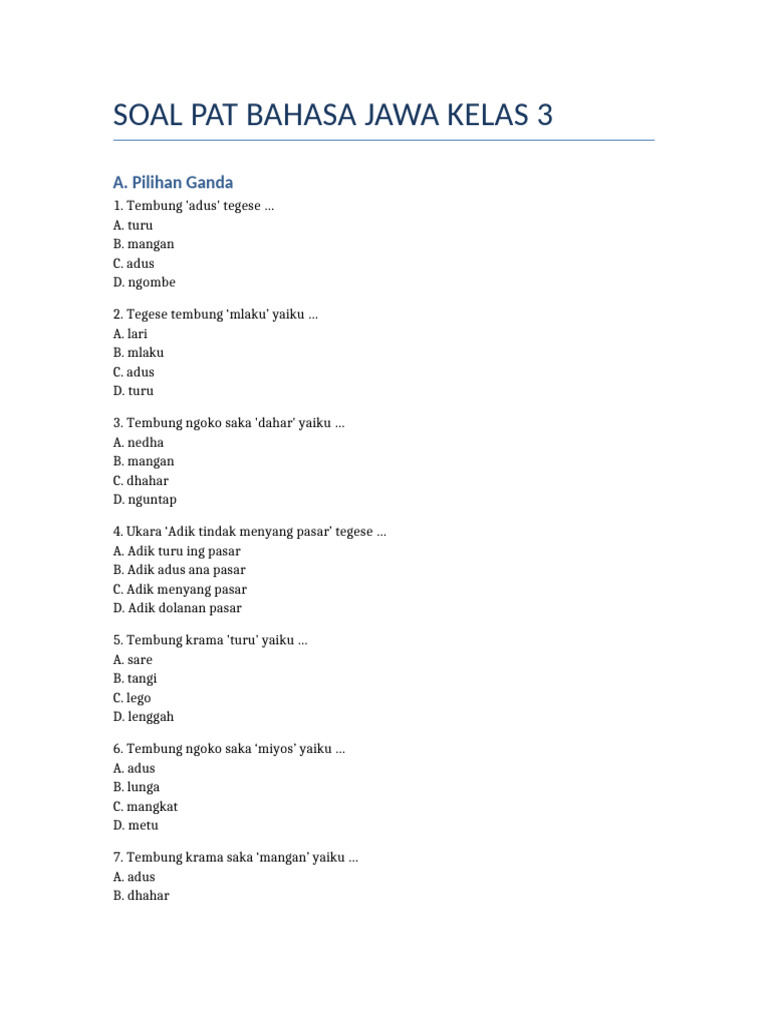Soal Bahasa Jawa Kelas 3: Krama & Ngoko | PDF