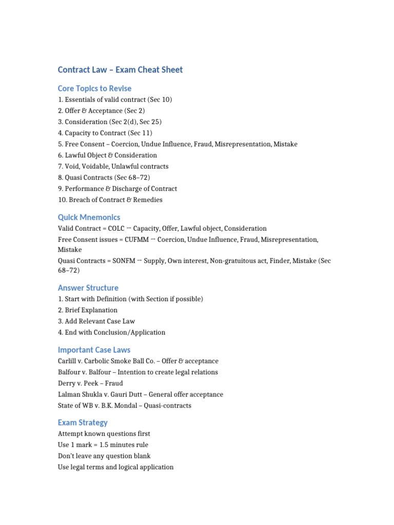 Contract Law Cheat Sheet | PDF