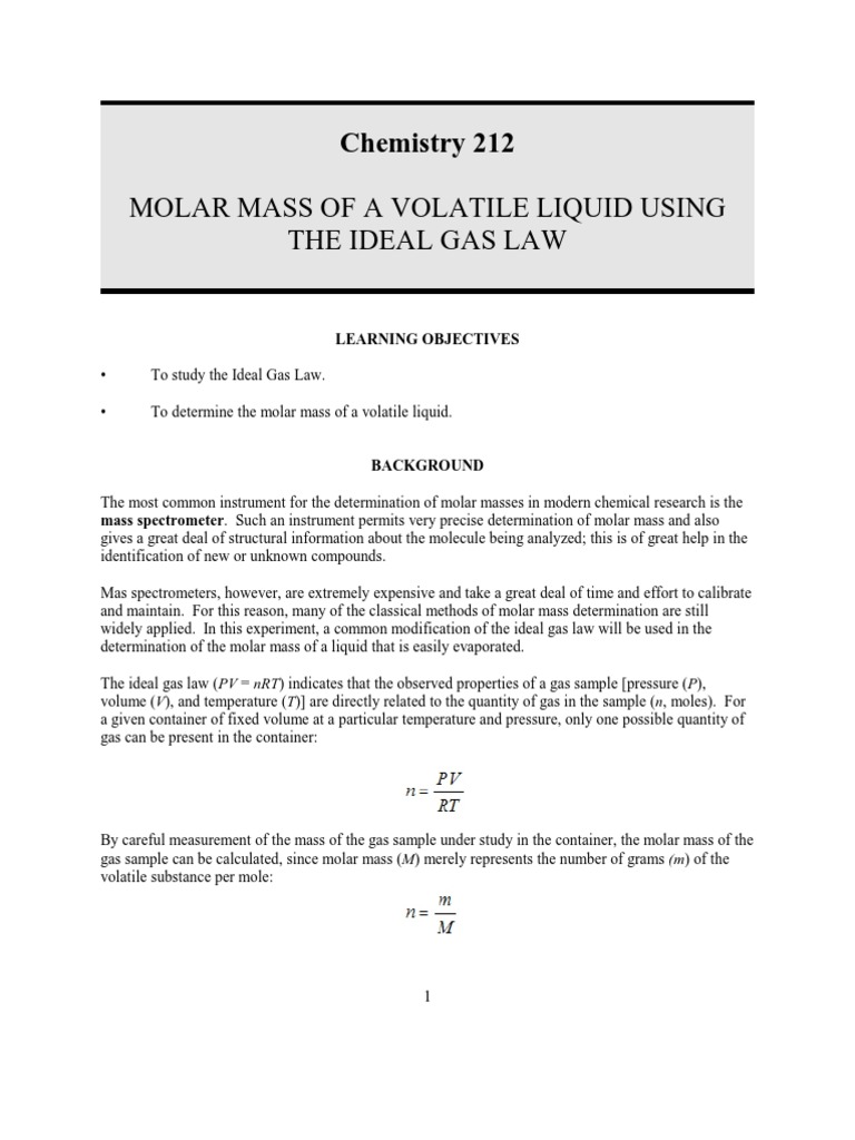 Molar Mass Volatile Liquid - F09-1 | PDF | Gases | Mole (Unit)