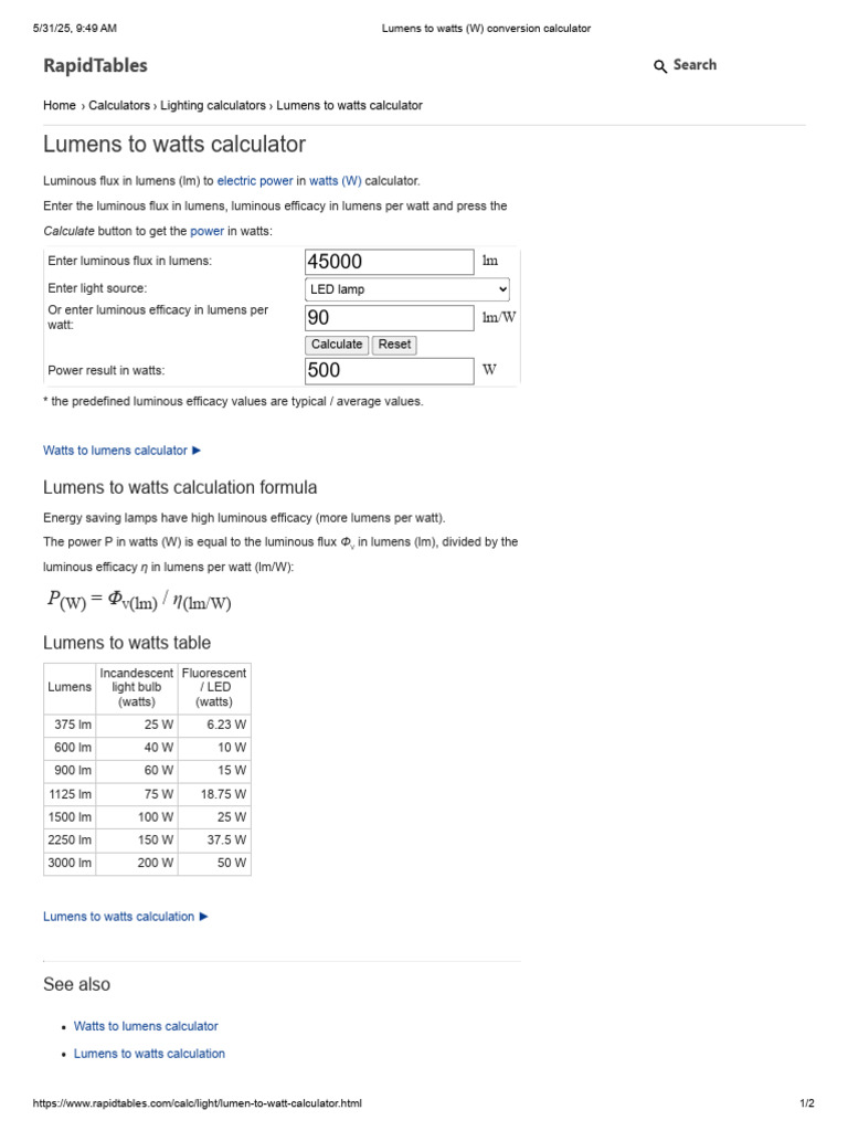 Lumens To Watts (W) Conversion Calculator | PDF | Electrodynamics ...