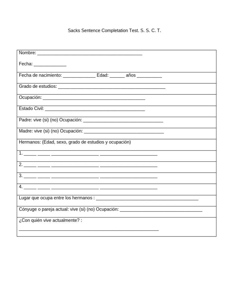 Sacks Sentence Completation Test | PDF