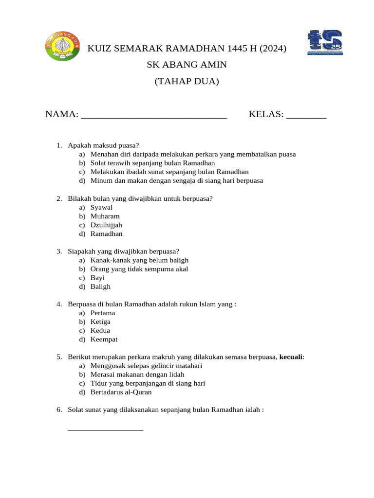 Kuiz Semarak Ramadhan 1444 H 2024 | PDF