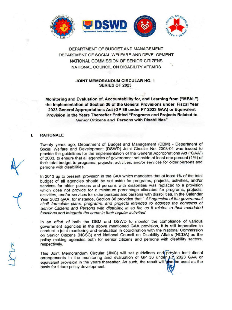 DBM DSWD NCSC Ncda JMC No 1 Series 2023 | PDF | Disability | Policy