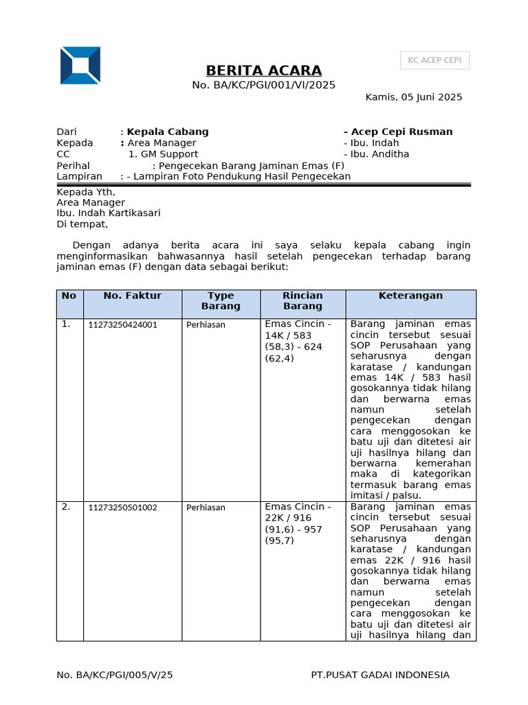 001.BA Pengecekan Barang Jaminan Emas (F) | PDF