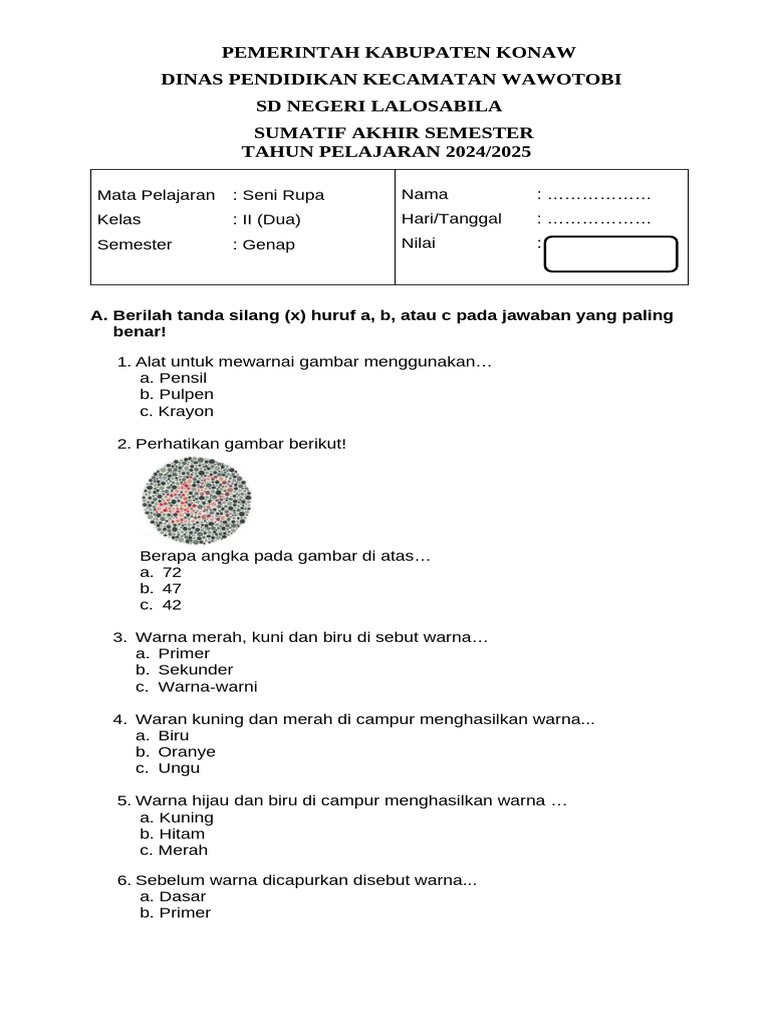 SAS 1 Seni Rupa Kelas 2 | PDF