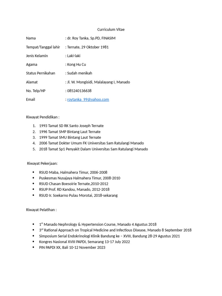 CV dr. Roy Tanka, Sp.PD, FINASIM | PDF
