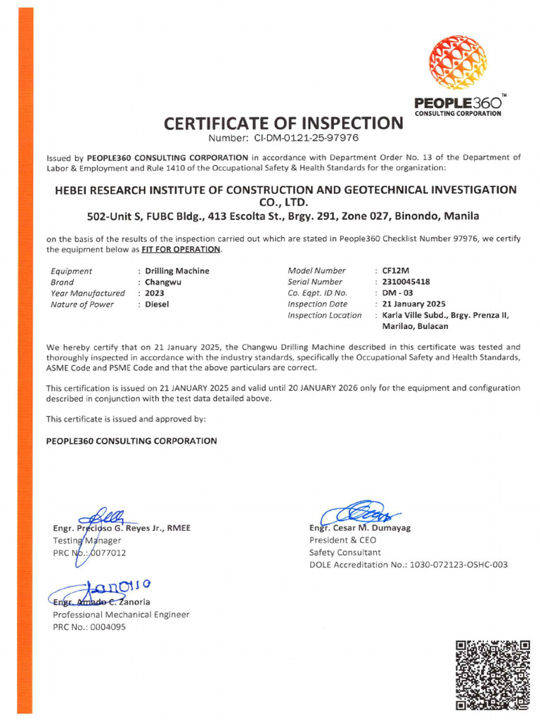 Attachment 3 Drilling Machine Certificate | PDF
