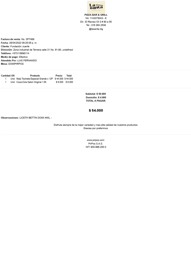 PirPos - Imprimir Factura Tirilla LICETH | PDF