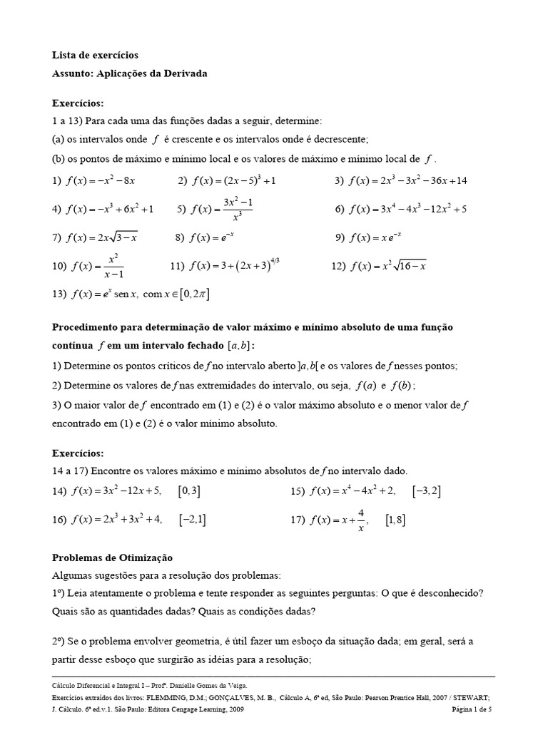Lista de Exercícios - Aplicações de Derivadas | PDF | Analise ...