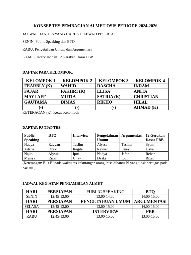 Konsep Tes Pembagian Almet Osis Periode 2024 | PDF