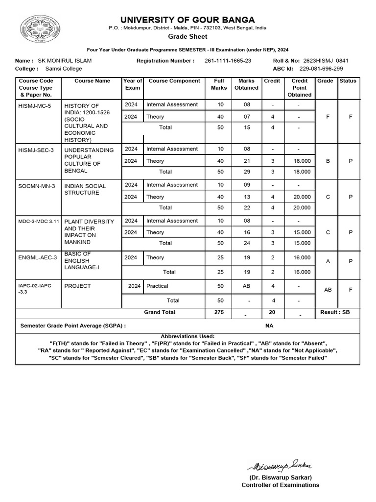 Grade Sheet 2623hismj0841 26-04-2025 15-32 | PDF | Educational Stages ...