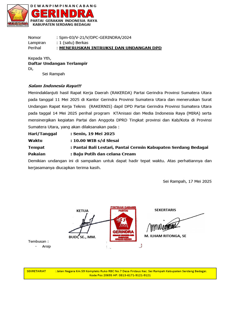 Undangan RAKERNIS Partai Gerindra 2025 | PDF