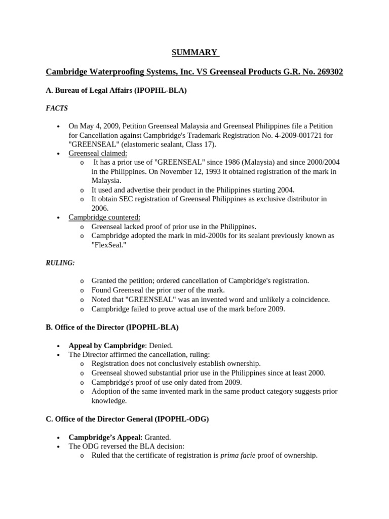 SUMMARY Cambridge Waterproofing Systems | PDF | Trademark | Justice