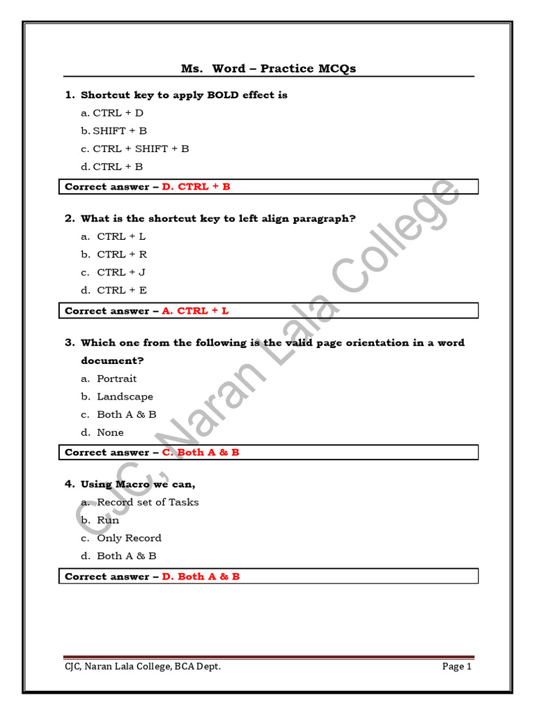 1 Ms Word Practice MCQs | PDF | Microsoft Word | Note (Typography)
