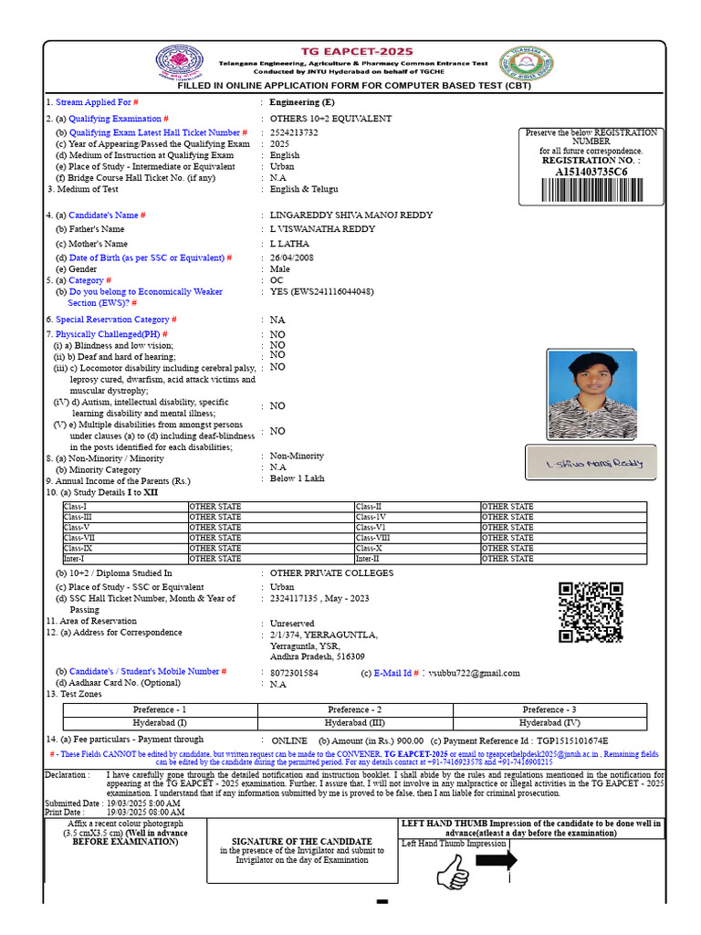 Ts Eamcet Application | PDF | Disability