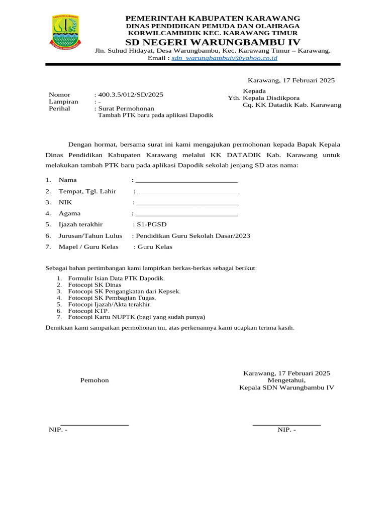 Surat Permohonan Tambah PTK Dapodik | PDF