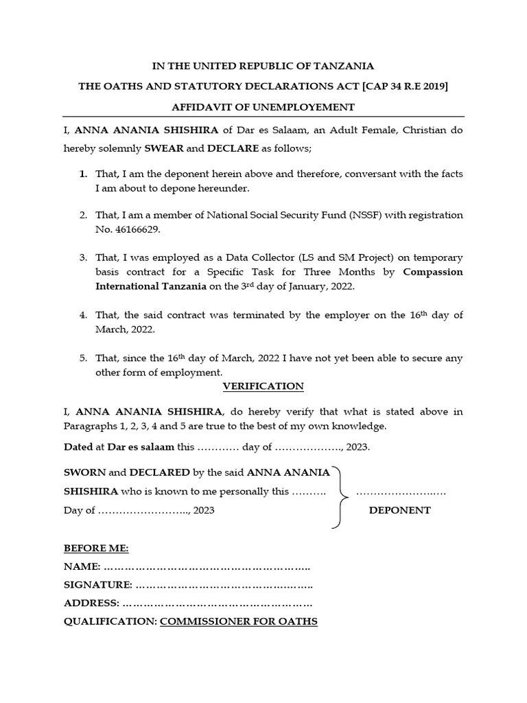 Affidavit of Unemployment - Anna, 2023 | PDF