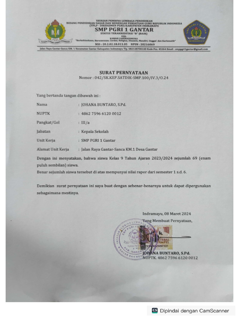 Surat Penyataan Blangko Ijazah Smp Pgri 1 Gantar | PDF