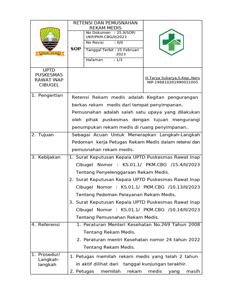 Sop Retensi Dan Pemusnahan Rekam Medis | PDF