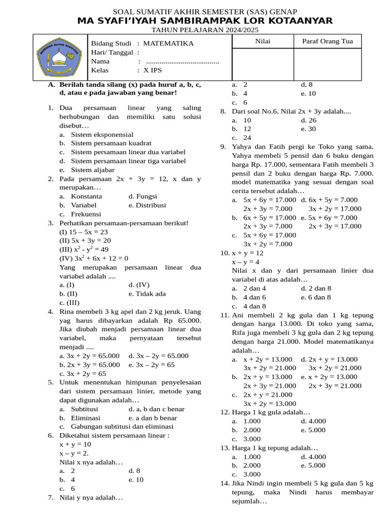 Soal Sas Genap Matematika Kelas X 2024-2025 | PDF