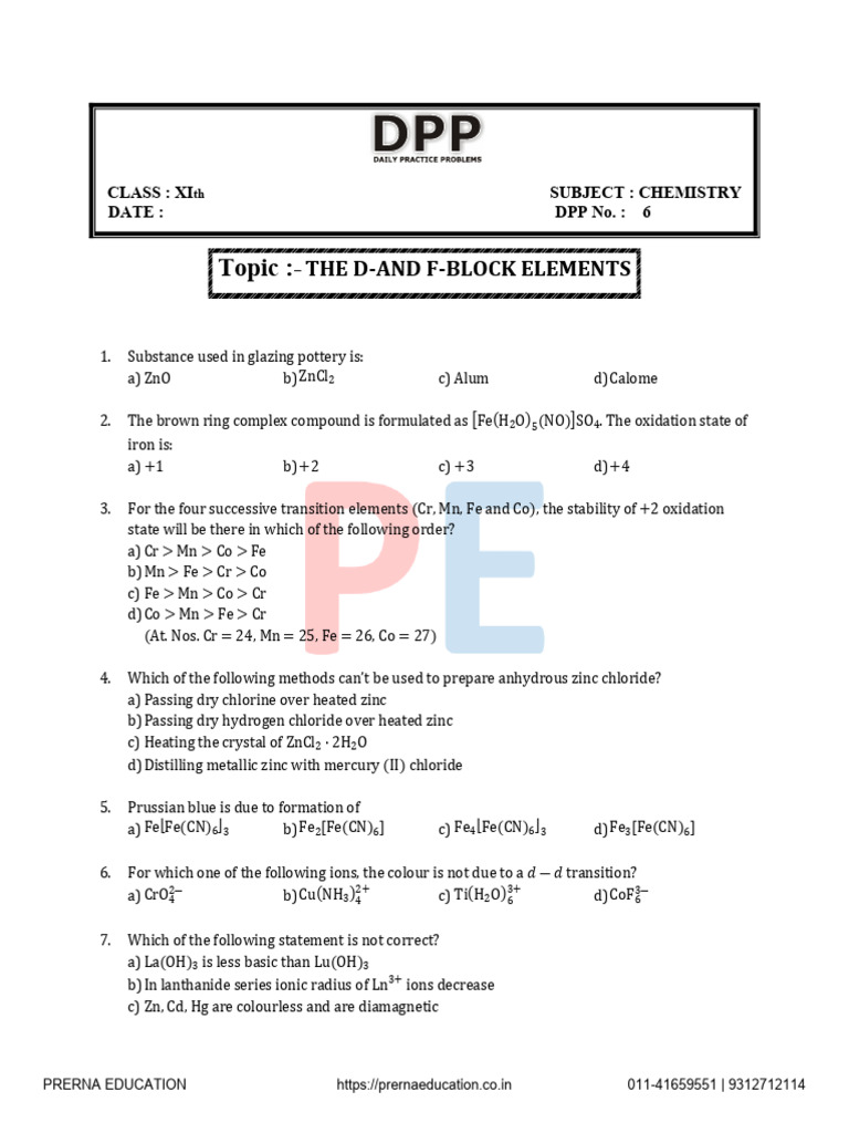 D F Block Elements DPP 6 | PDF | Iron | Silver