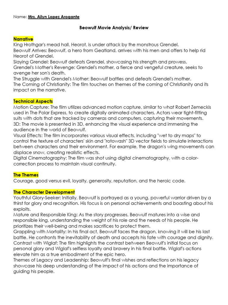 Ailyn Movie Analysis Beowulf | PDF | Beowulf