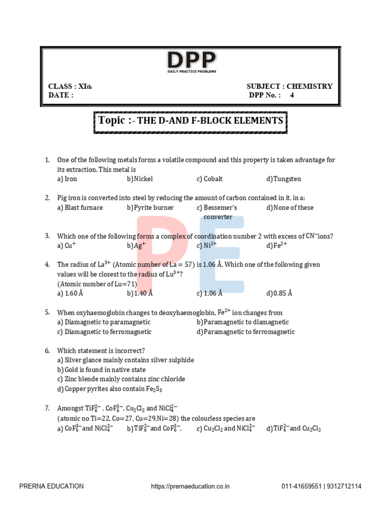 D F Block Elements DPP 4 | PDF | Iron | Coordination Complex