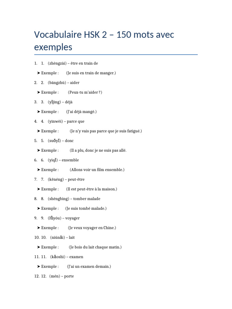 Vocabulaire HSK2 150mots Officiels | PDF