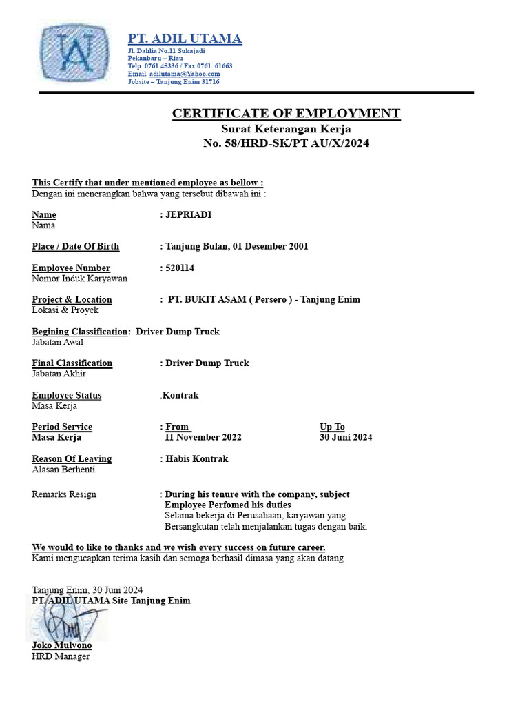 Certificate of Employment: Pt. Adil Utama | PDF
