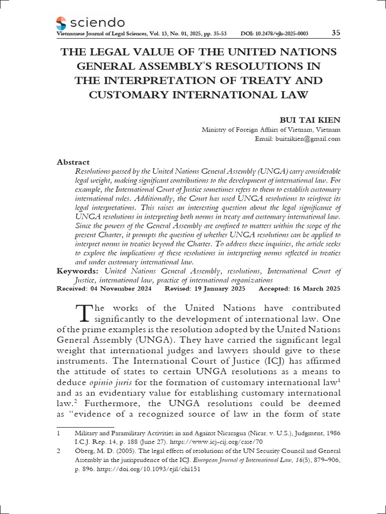 The Legal Value of The United Nations General Assembly's Resolutions in ...