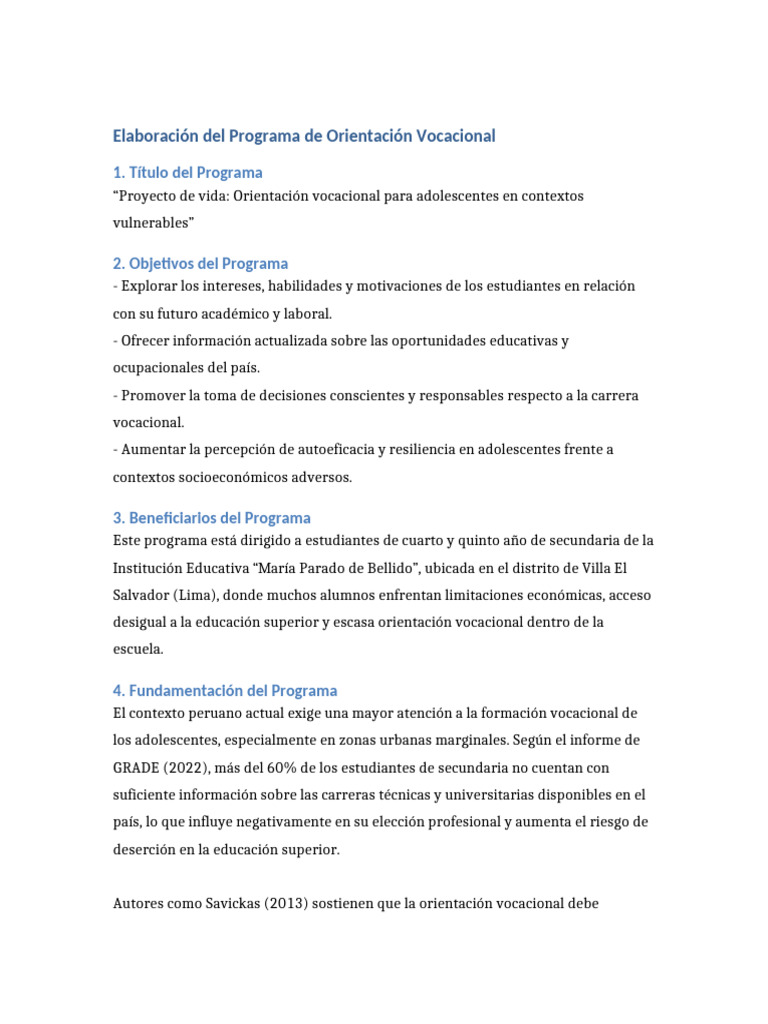 Programa Orientacion Vocacional Con Sesiones | PDF | Autoeficacia