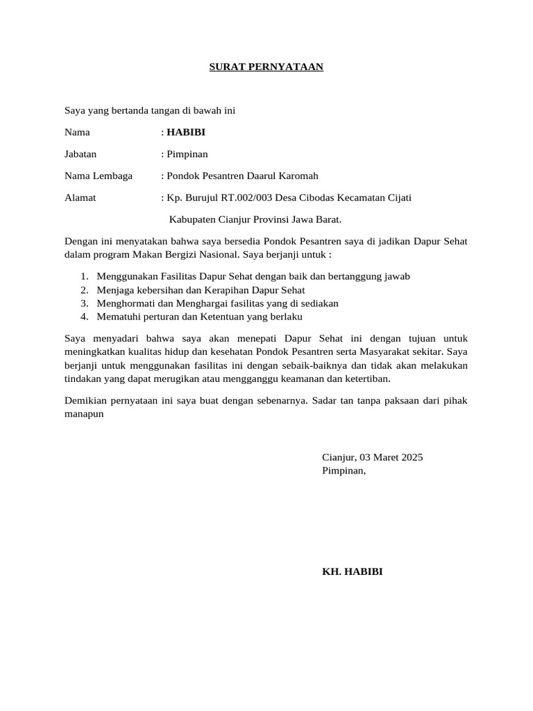 SURAT PERNYATAAN MBG Daarul Karomah | PDF