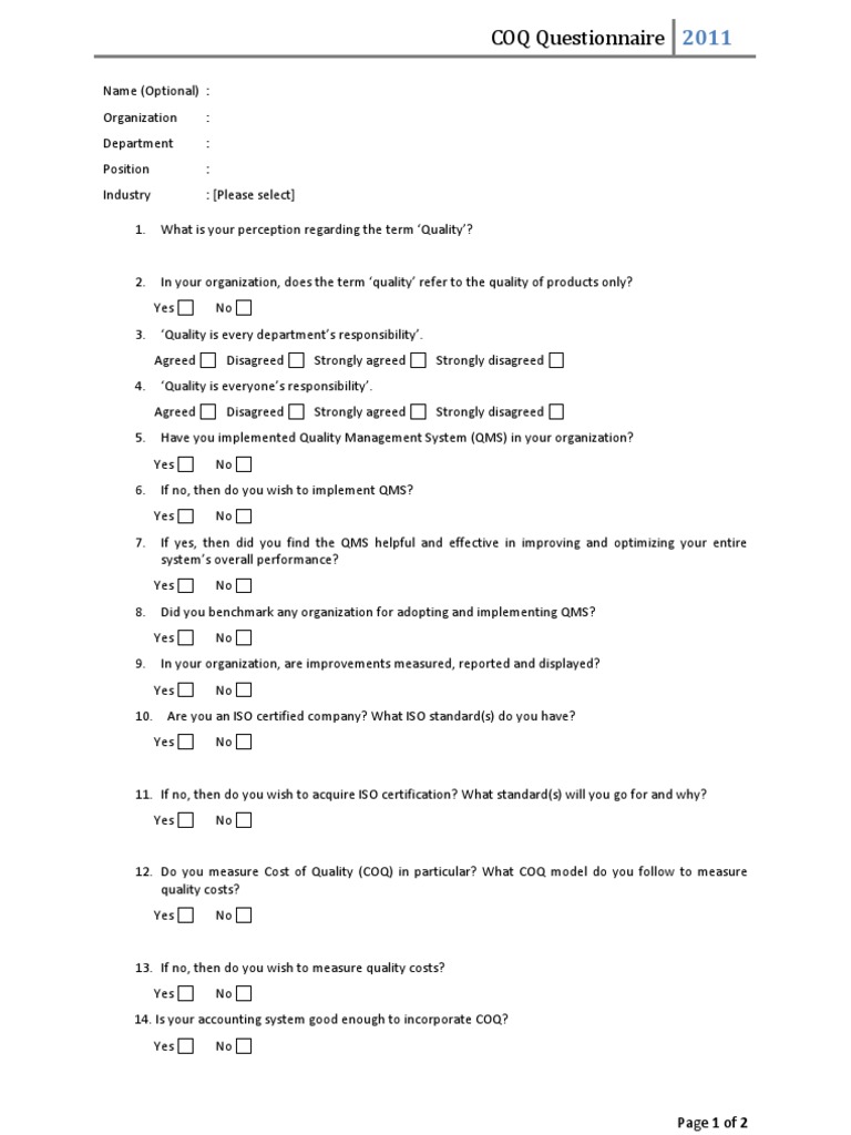 COQ Questionnaire for Quality Management | PDF | Quality Management ...