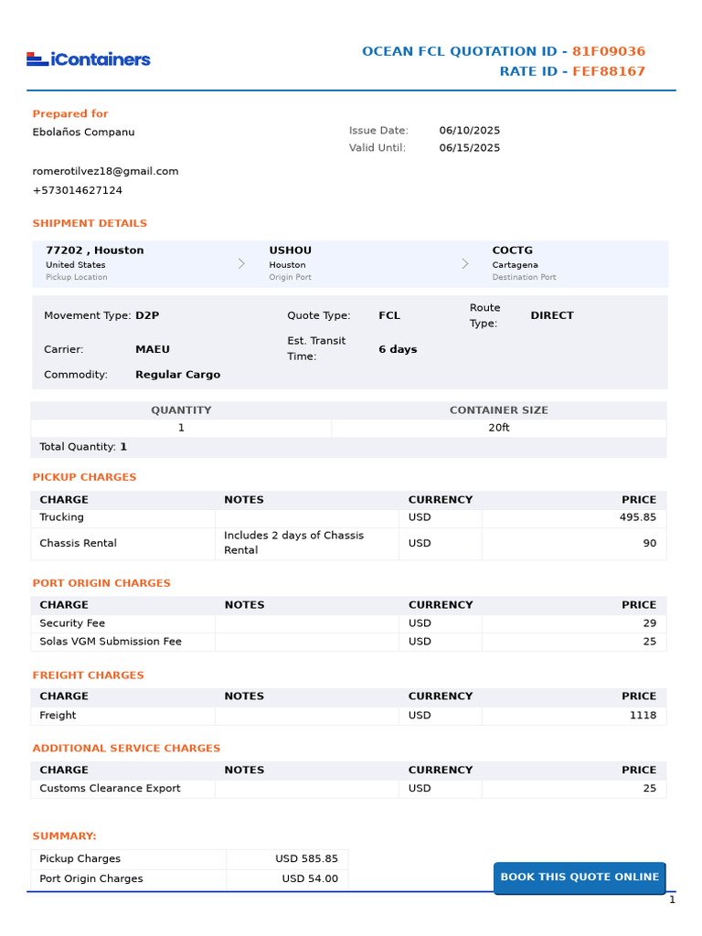 Ocean FCL Quotation Id - Rate Id - : Prepared For | PDF | Cargo ...