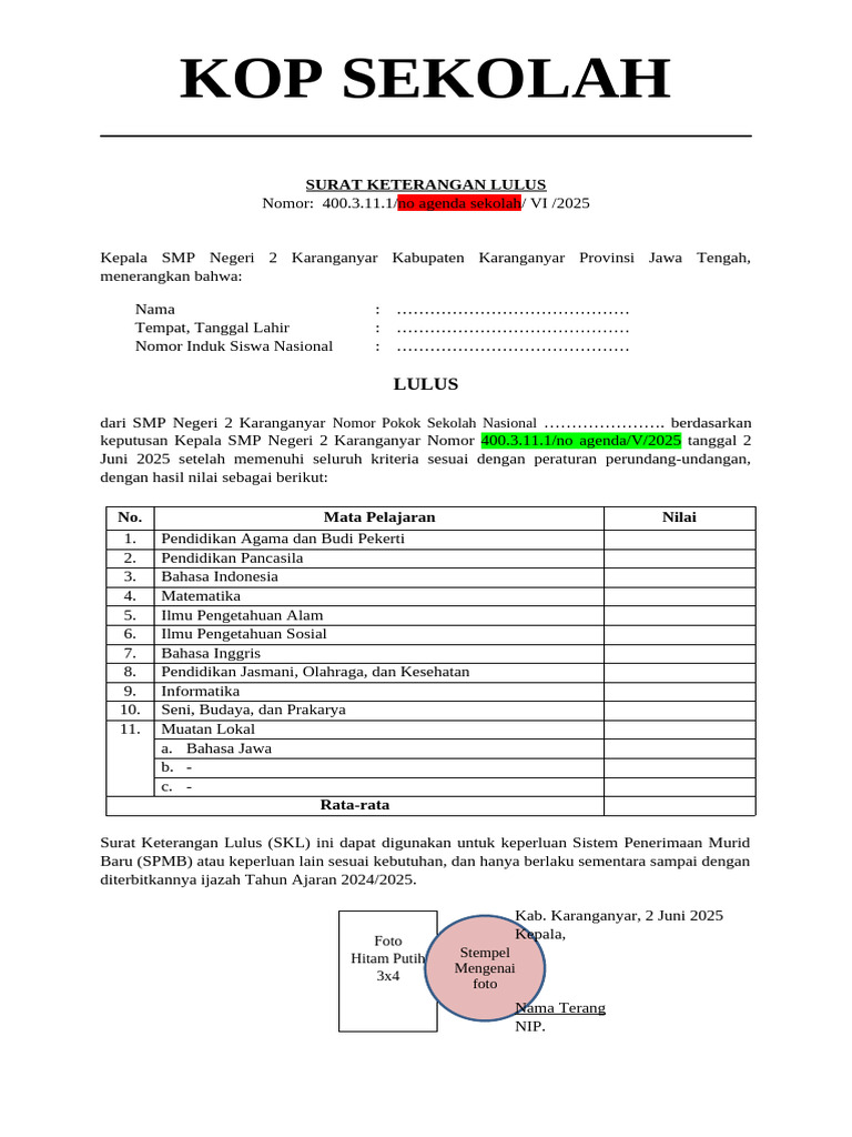 Surat Keterangan Lulus SMP 2025 | PDF