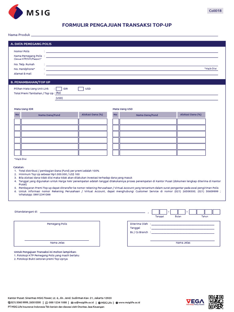 Coll018 - Form Transaksi Top Up Konven - MSIG | PDF